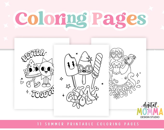 Groovy Summer Coloring Pages, Retro Summer Color Sheets, PDF Digital ...
