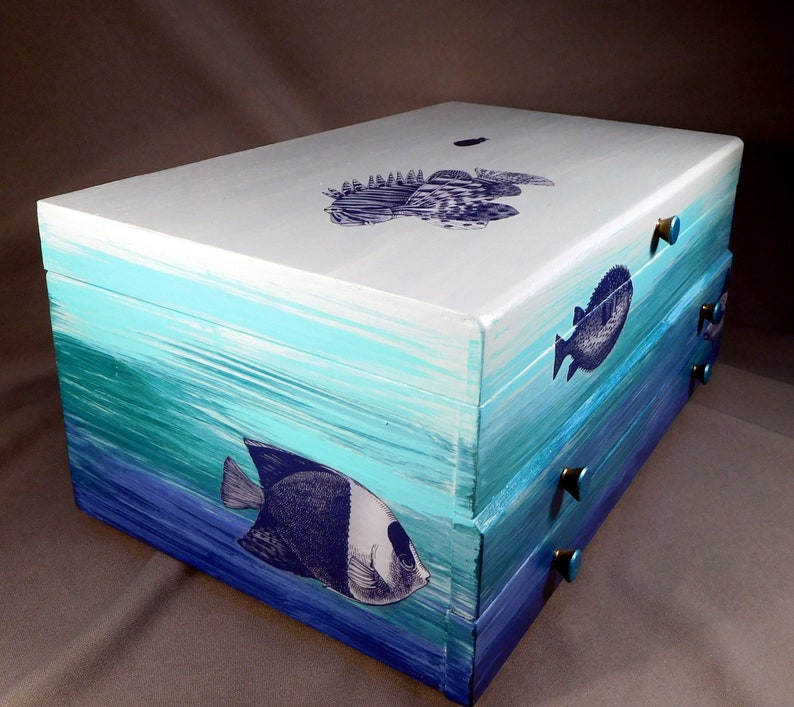 Jewelry Box Coastal Beach Lion Fish Chest Vintage OMBRE Nautical Ocean ...