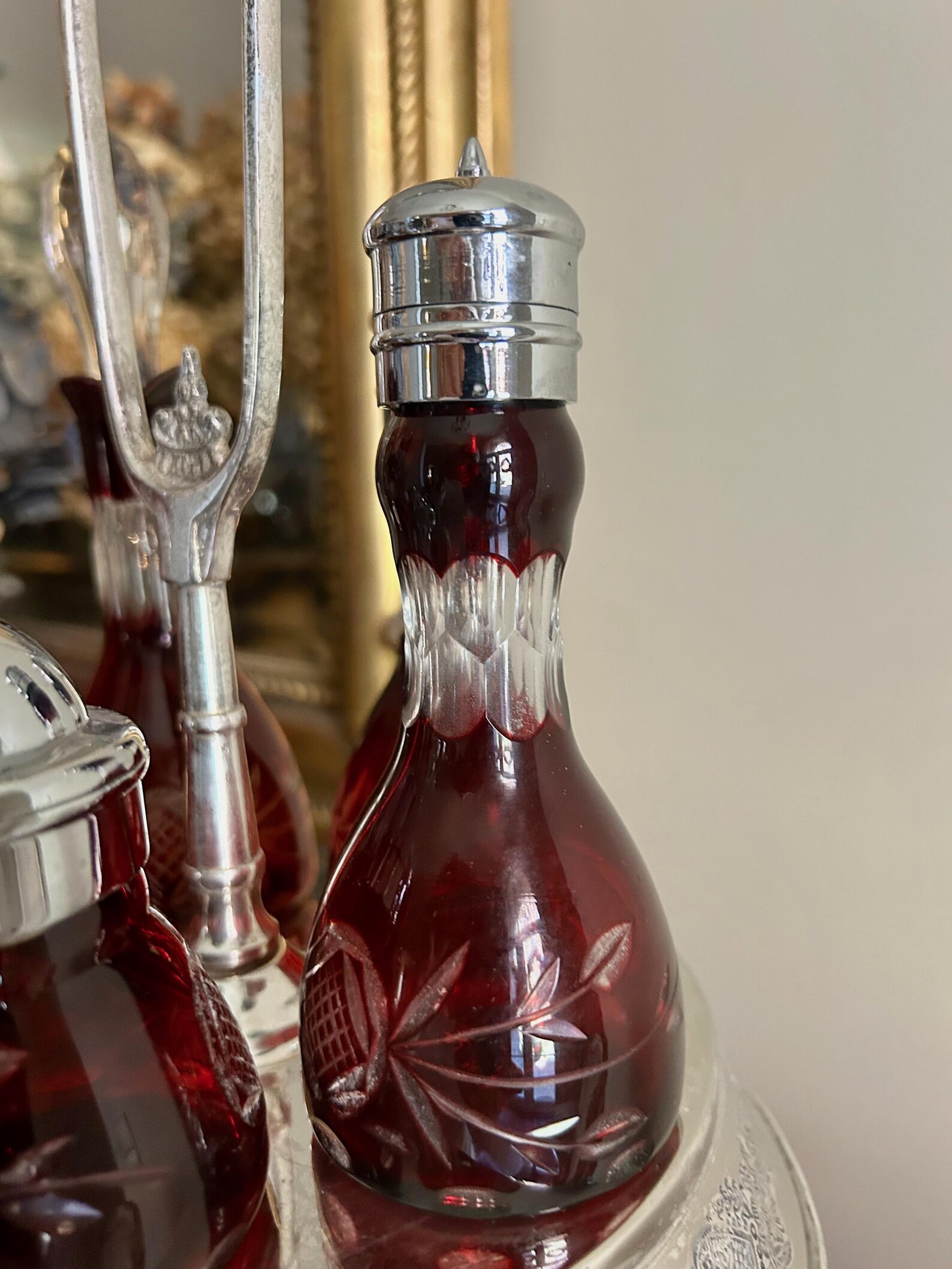 Victorian Silver Plate Cranberry Glass Cruet Set, Cut to Clear Crystal ...