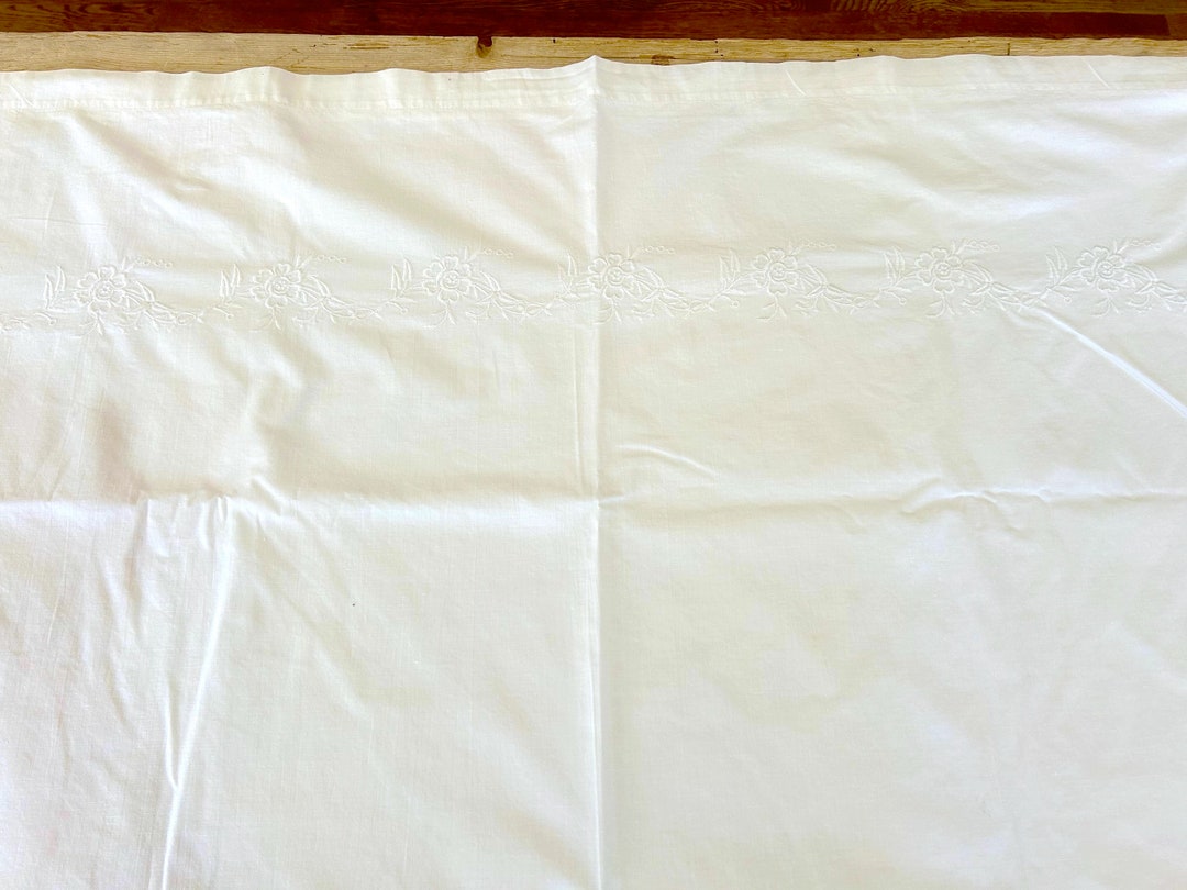 White Embroidered Sheet, Vintage White Twin Flat Sheet, White on White ...