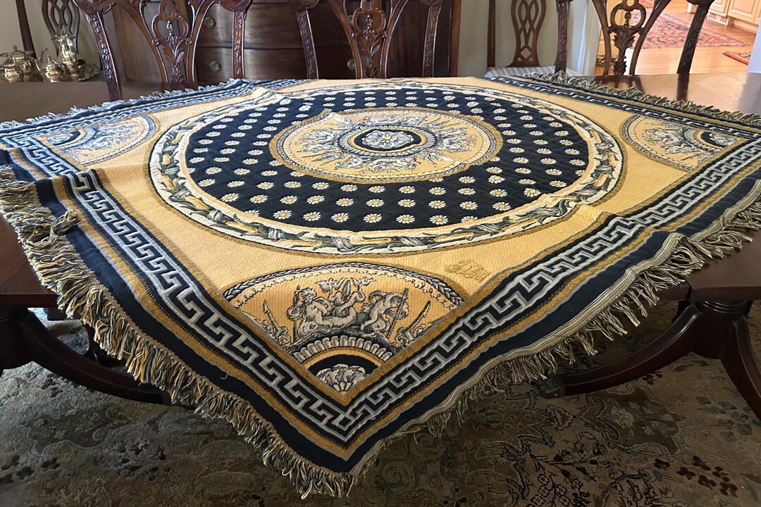 Fringed Tapestry Tablecloth, Vintage Woven Textile Blue Yellow With ...