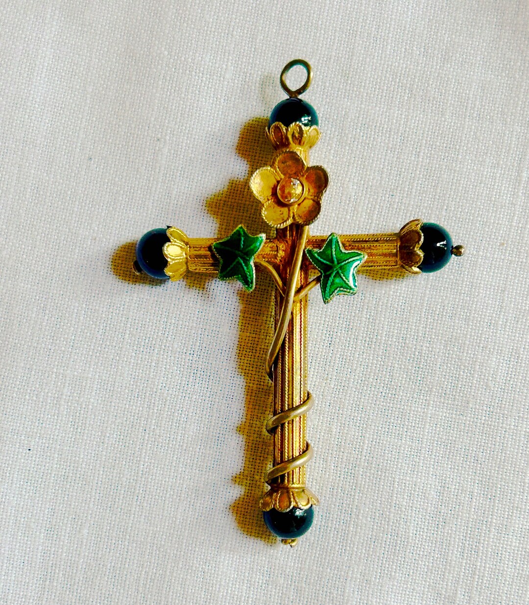 Gold Toned Cross, Sterling Cross With Enamel Leaves Red Stones, Vintage ...