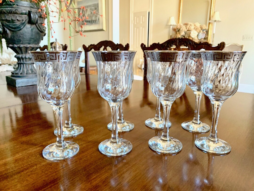 Silver Rimmed Wine Goblets, Set of 6 Lead Crystal Greek Key Design Wine ...