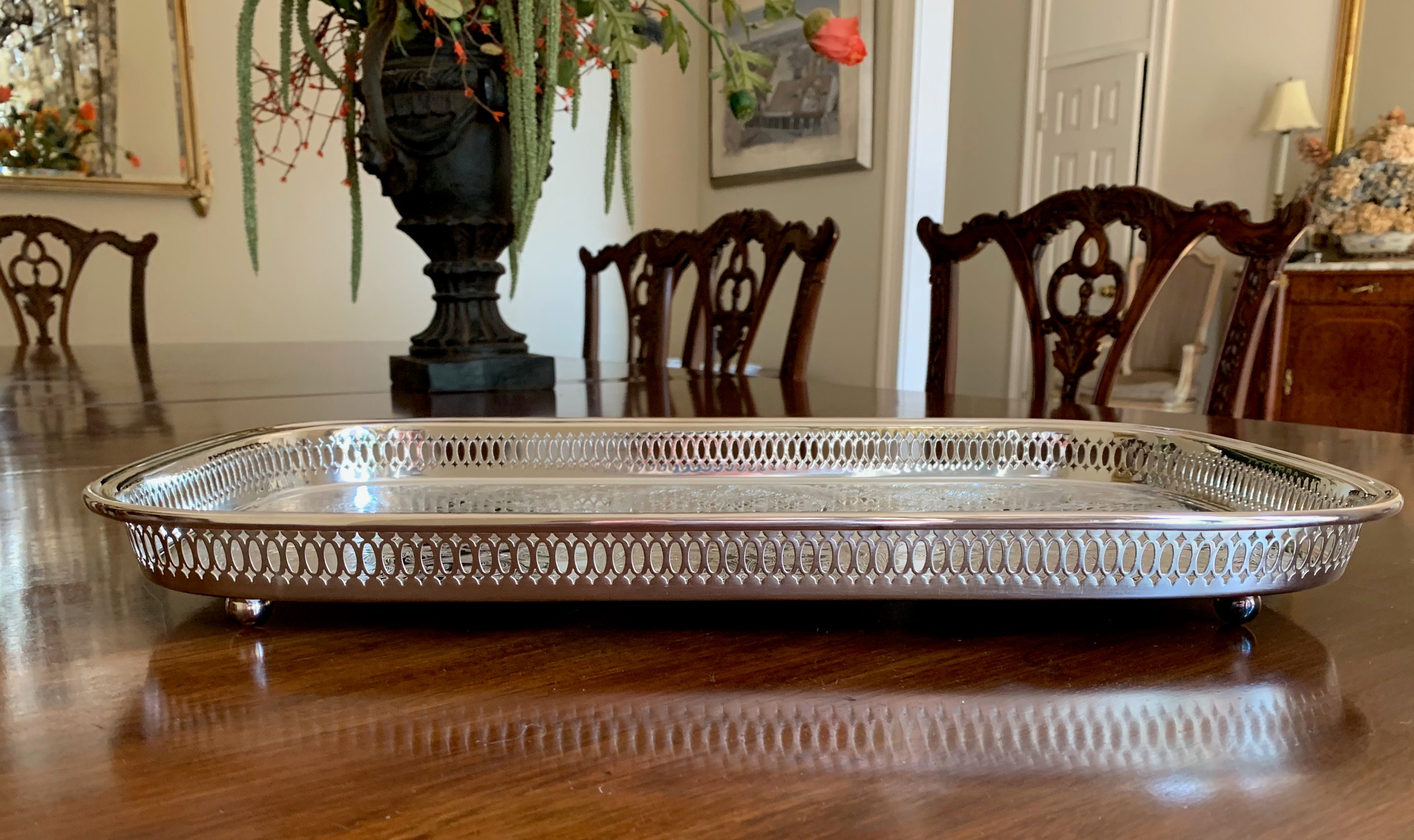Large Silver Gallery Tray Rectangular Shaped Footed Serving Tray