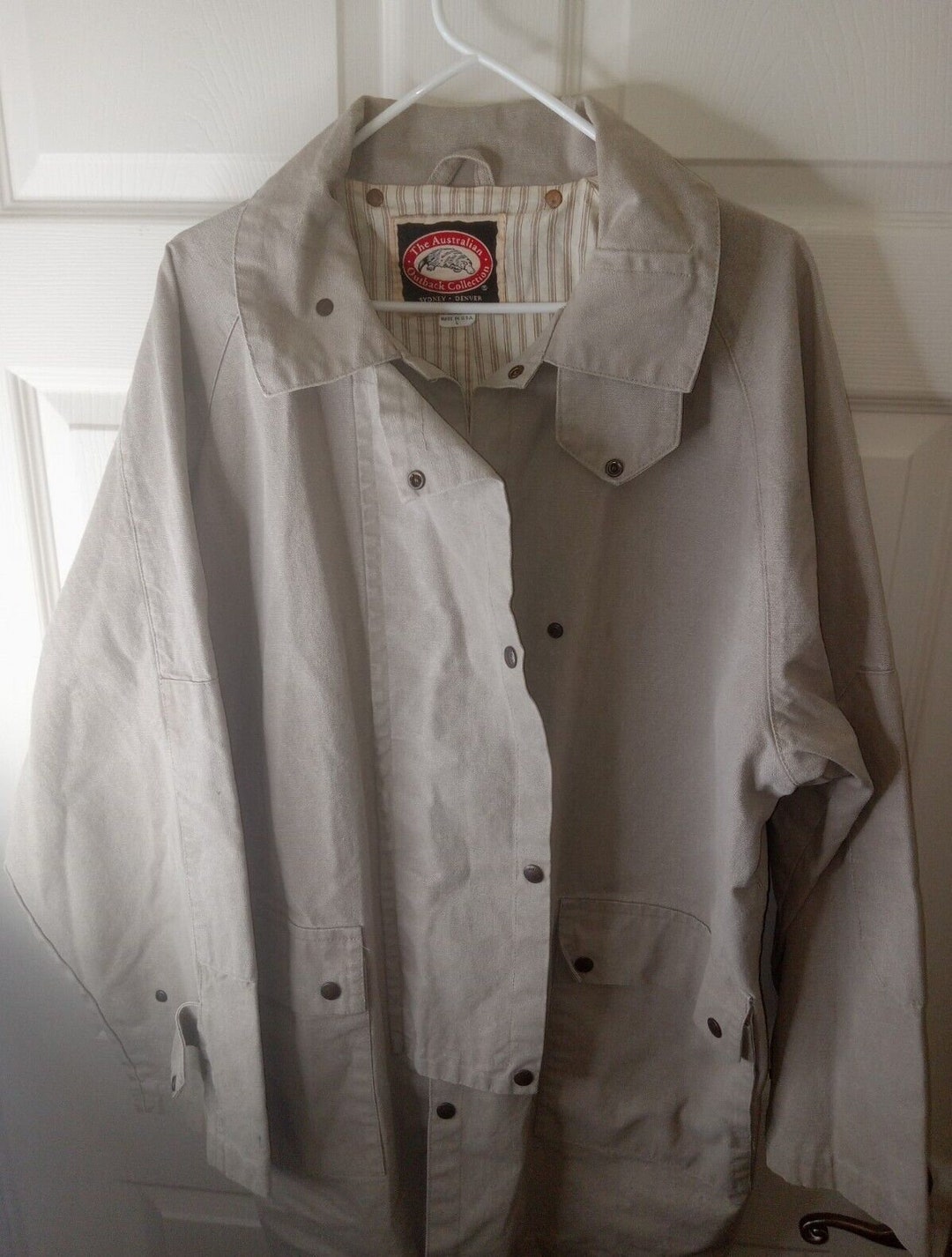 The Australian Outback Coat Mens L Tan Beige Canvas Jacket Lined Snap ...
