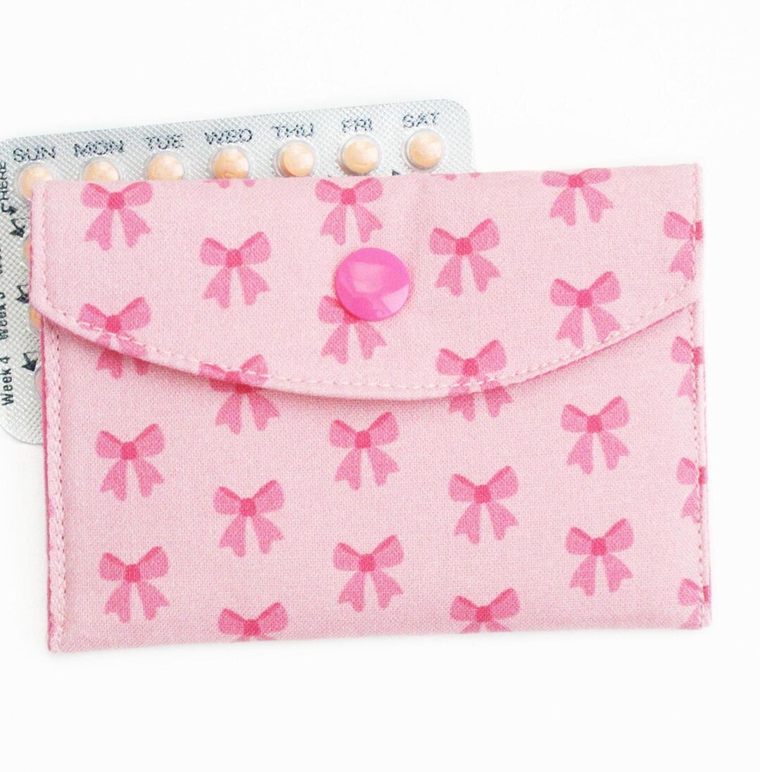 Small Snap Wallet - Pink Coquette Bows - Birth Control Pill Pouch - 3x4 ...