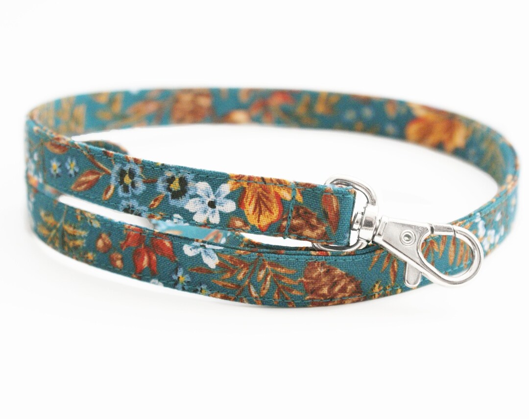 Fall Fabric Lanyard - Autumn Leaves, Pinecones, Flowers on Teal ...