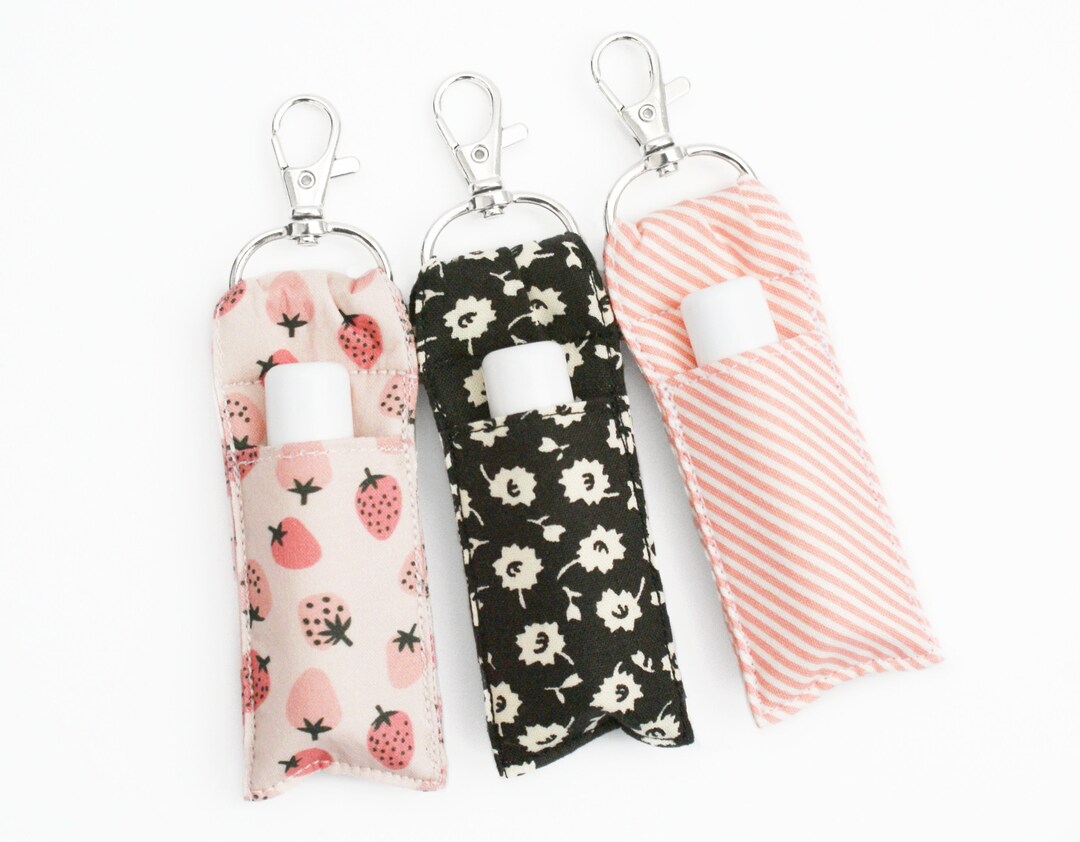 Cute Chapstick Keychain - Pink Strawberries, Black Floral, Coral ...