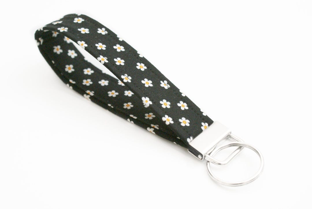 Black Keychain Wristlet With Daisies - Fabric Key Fob - 5 Inch Key Ring ...