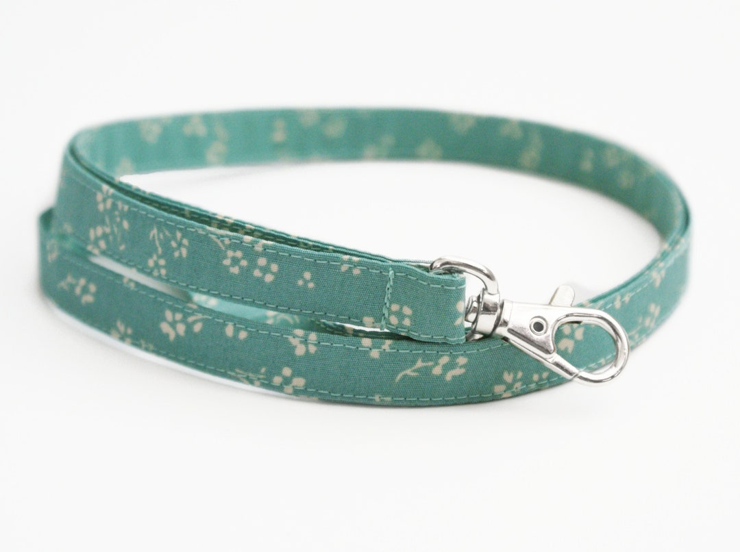 Fabric Skinny Lanyard - Cream Floral Sprigs on Teal - Long Key or ID ...