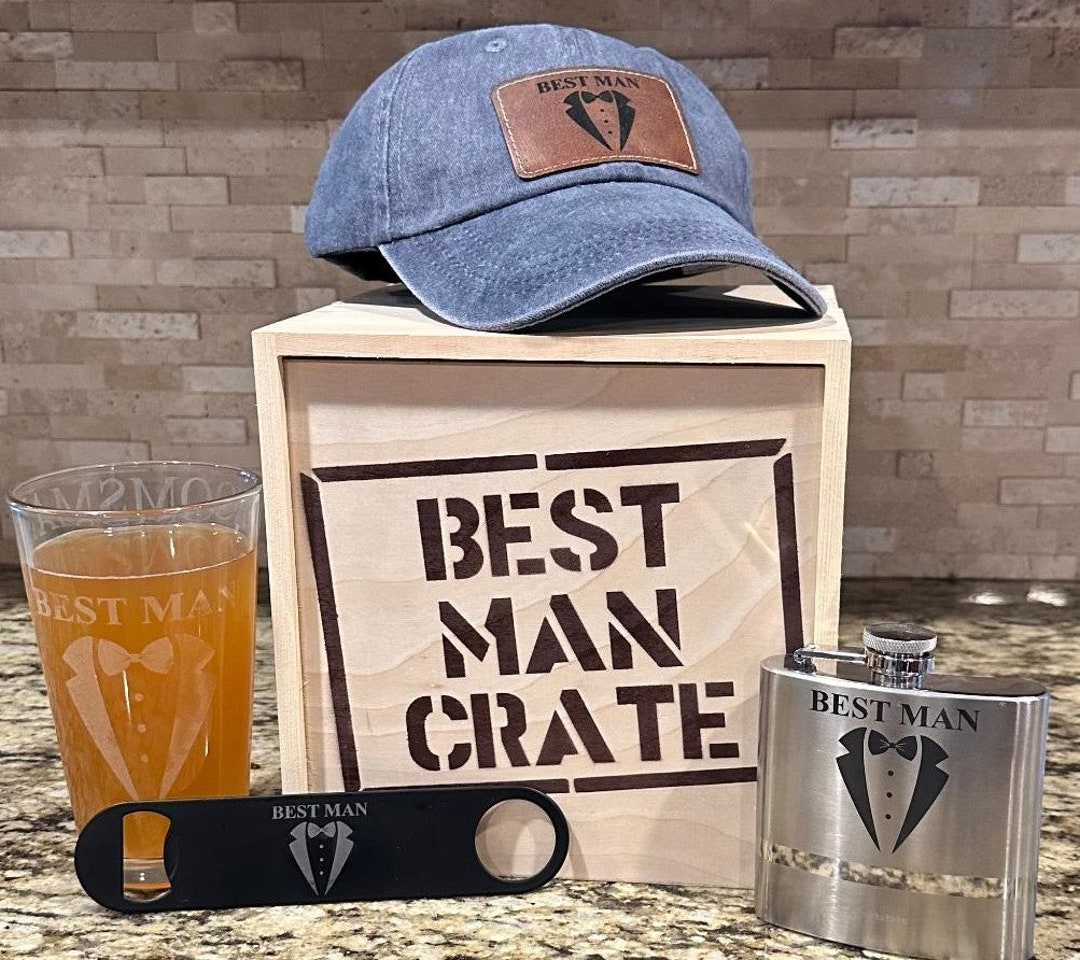 Best Man Gift Set - Wooden Crate With Blue Distressed Hat, Flask, Pint ...