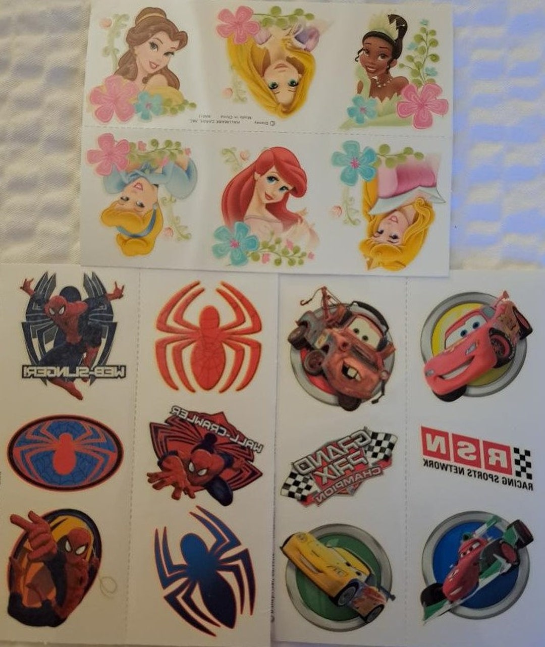 6 SHEETS Tattoos -princess, Spiderman & Cars. Princess Tattoos ...