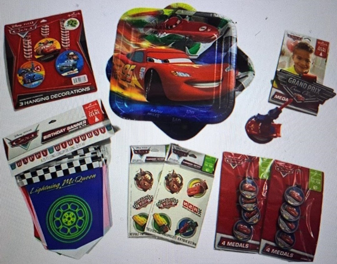 Cars Party Kit for 8 With Plates, Banner, Hanging Decor, Candle ...