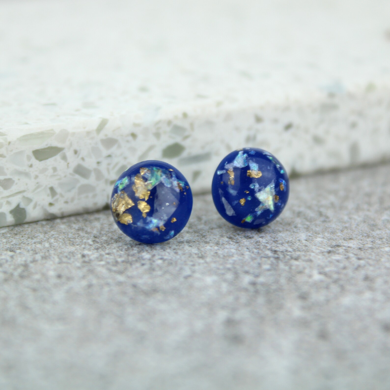 Royal Blue Studs Blue and Gold Resin Studs Gold Flake Studs - Etsy