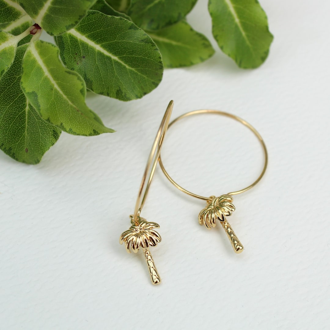Gold Palm Tree Hoop Earrings: 18K Plated Hoops With Tropical Holiday ...