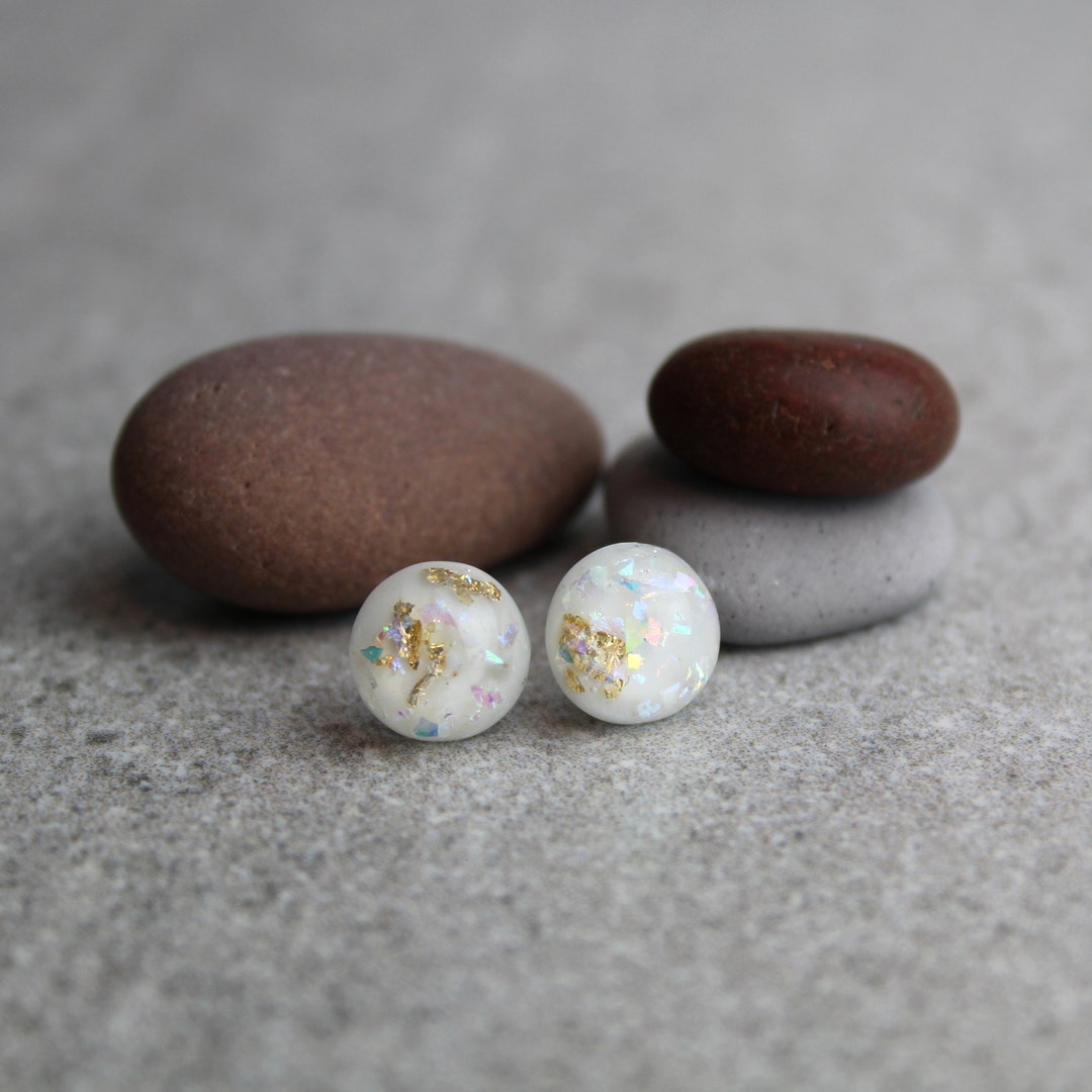 White and Gold Studs, White Earrings, Gold Leaf Studs, White Resin ...