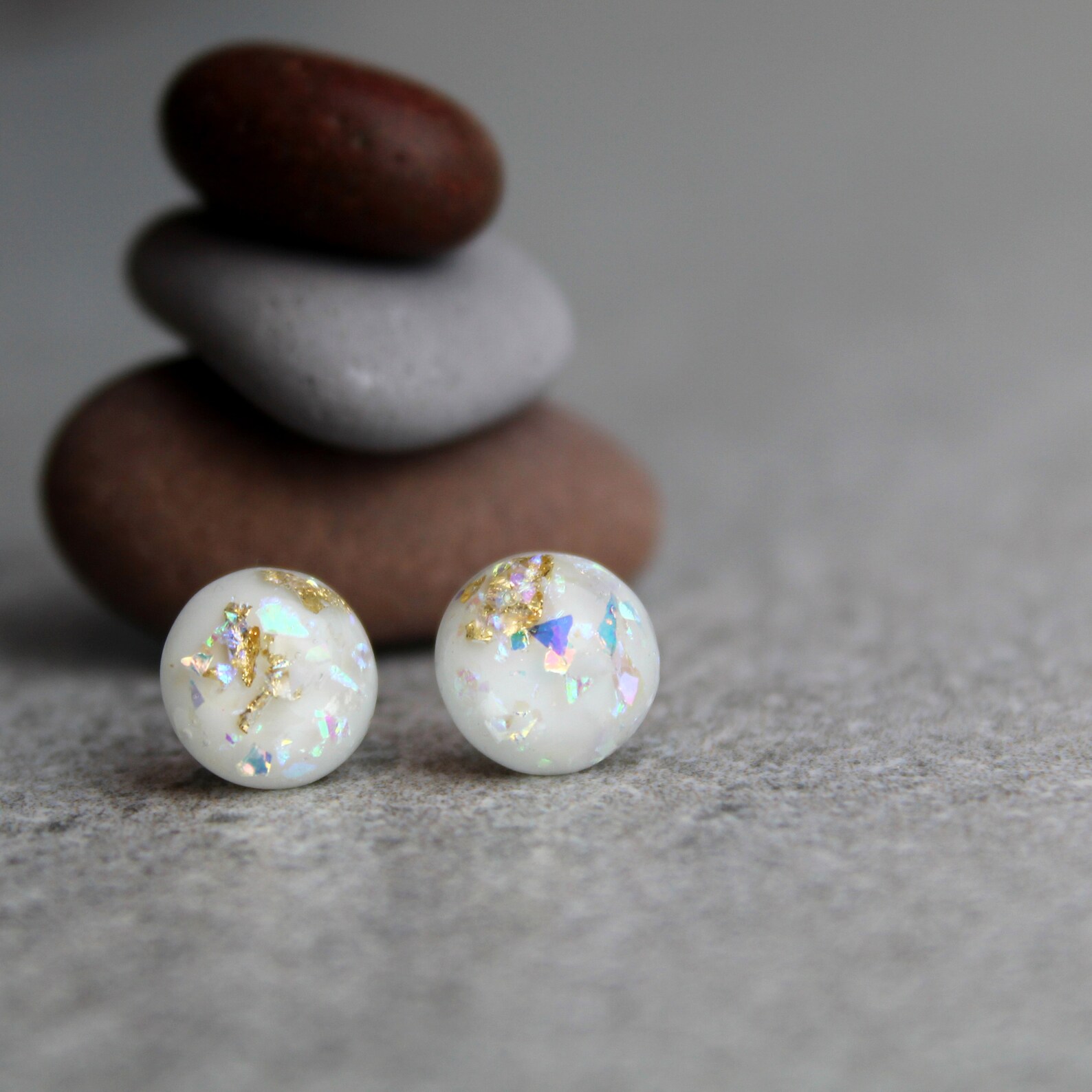 White and Gold Studs White Earrings Gold Leaf Studs White - Etsy