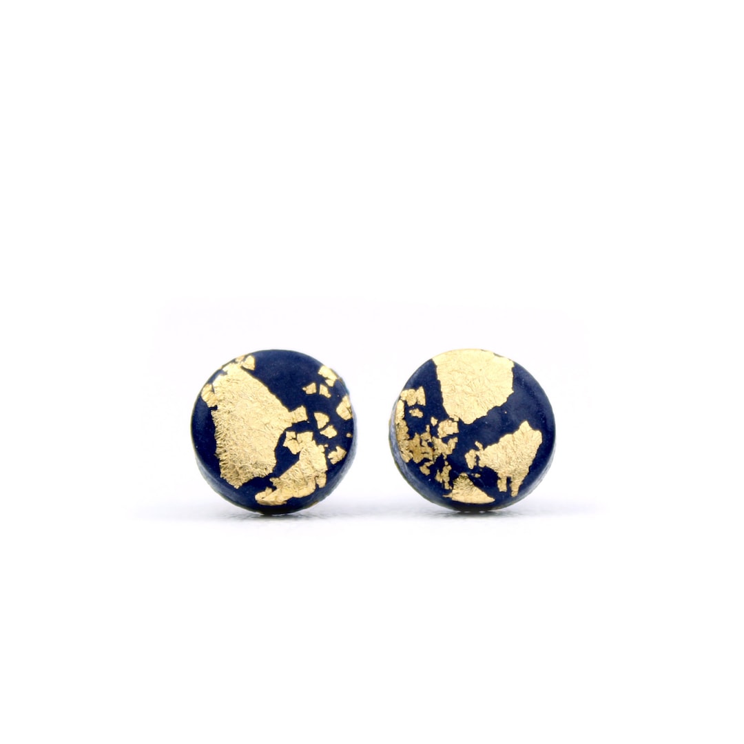 Navy and Gold Earrings, Gold Leaf Earrings, Navy and Gold Flake Studs ...