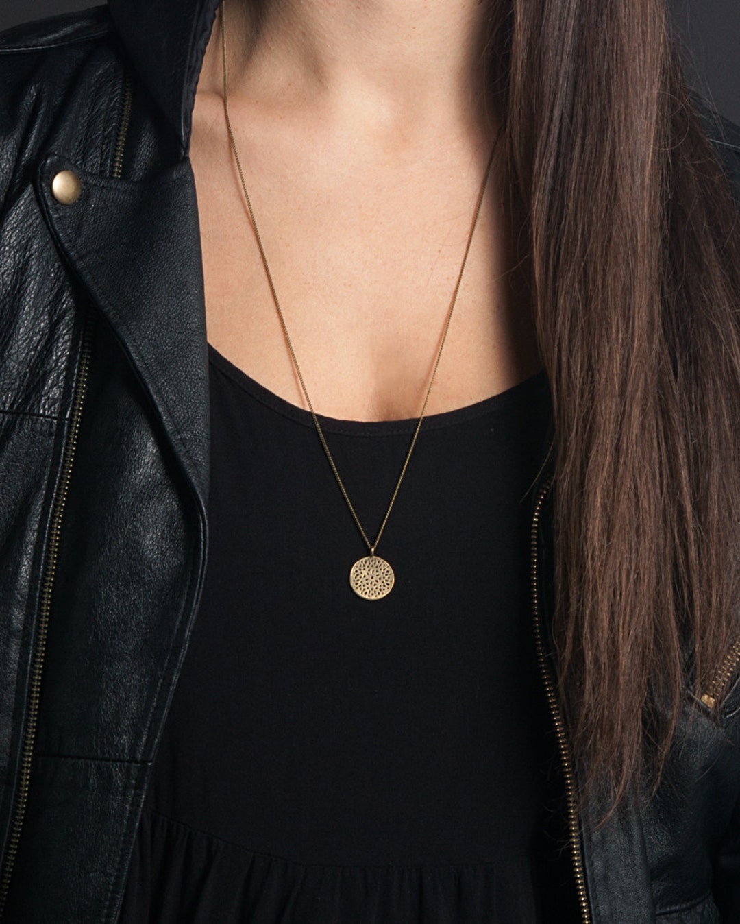 EYELET DISC Necklace, Antique Bronze Circle Necklace, Simple Boho ...