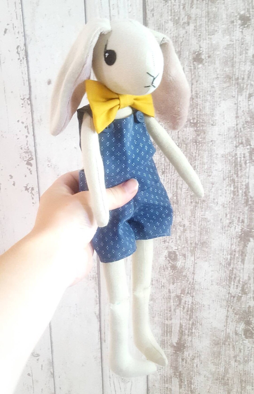 BERNARD- Bunny Doll, Handmade Rabbit Cloth Doll With Dungarees and Bow ...