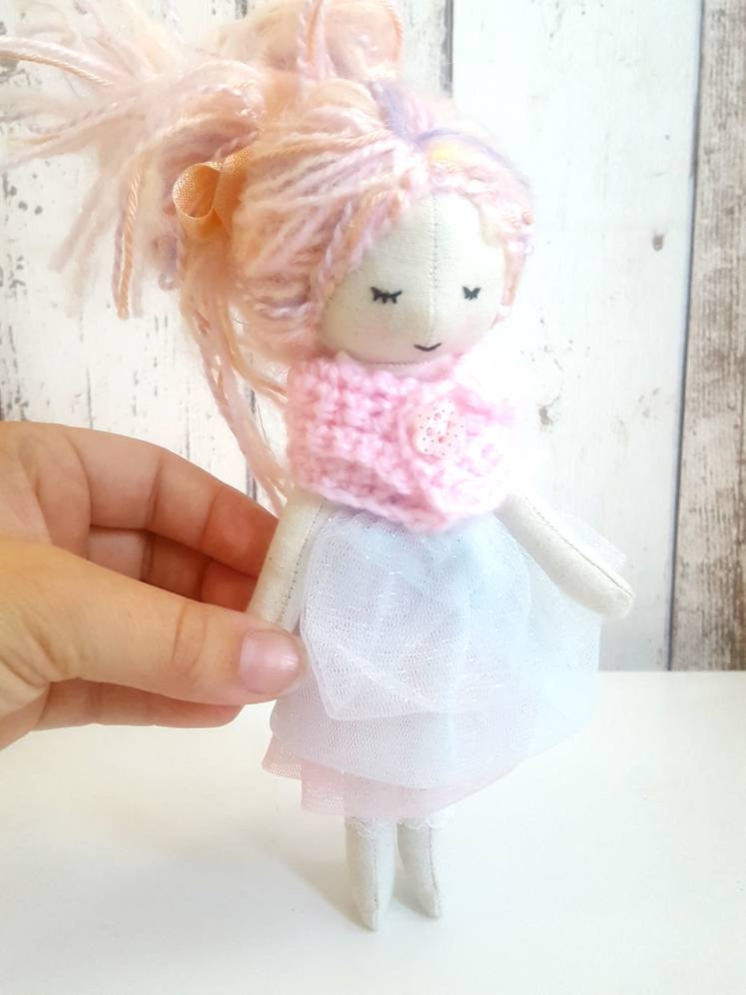Small Jointed Cloth Doll With Pink Hair - Cute Handmade Doll - Rag Doll ...