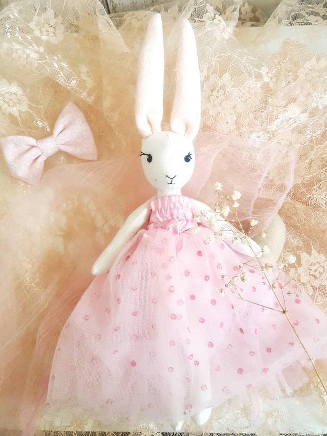 Miss Rabbit Cloth Doll With Pink Tutu Dress Handmade Bunny Doll Textile ...