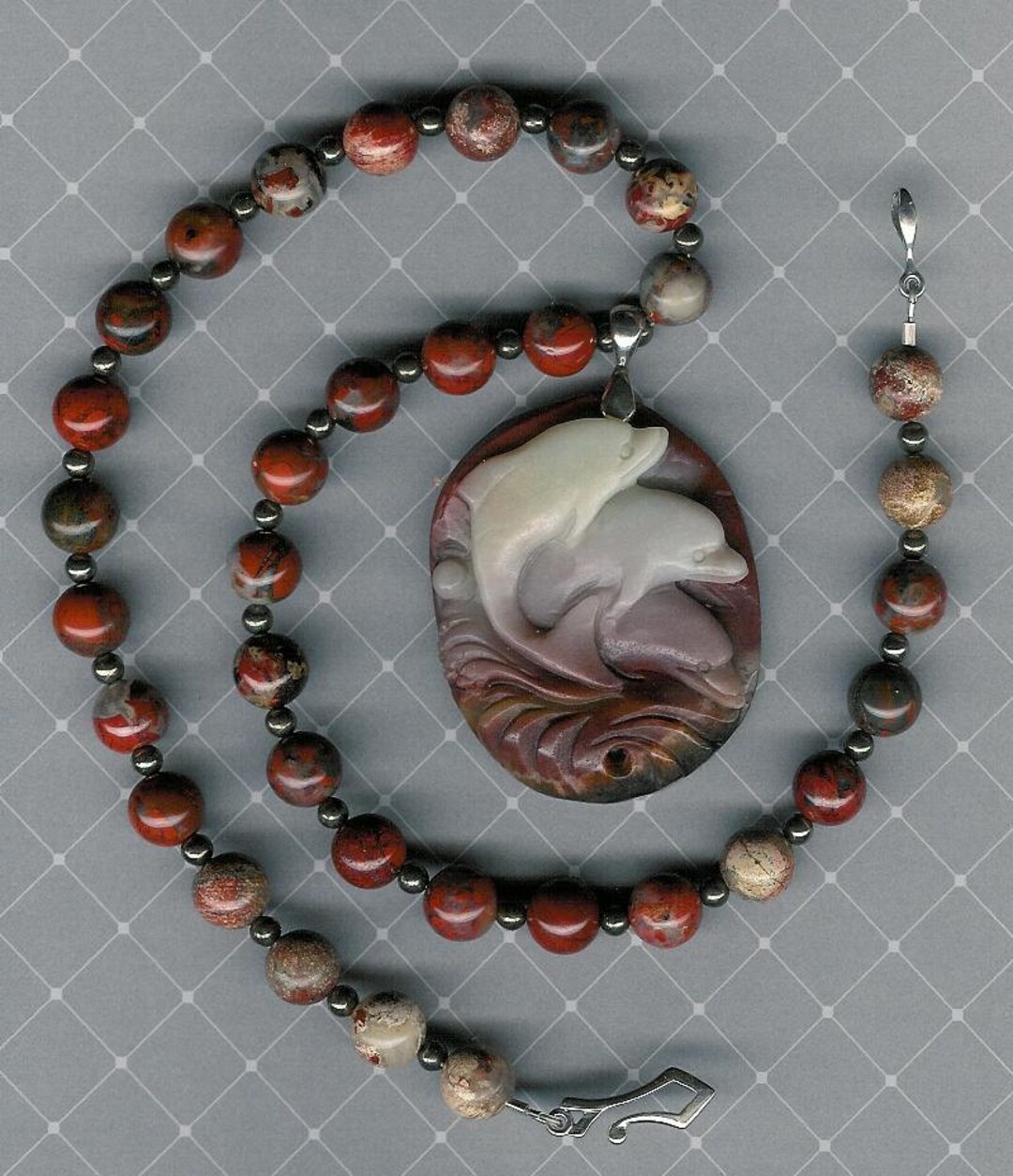 OOAK Succor Creek Jasper Dolphin, Apple Jasper, Pyrite, SS Necklace Sea ...