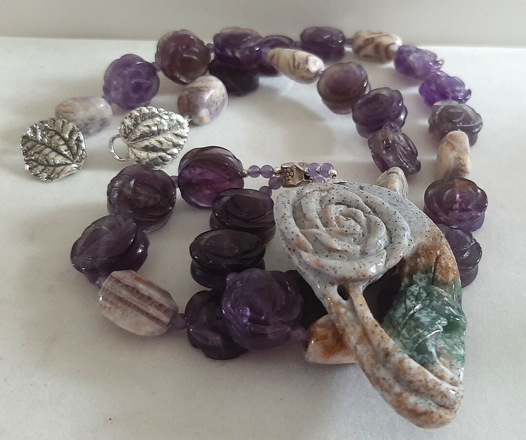 Carved Multi-colored Flower Jasper Rose, Amethyst, Sterling Silver ...