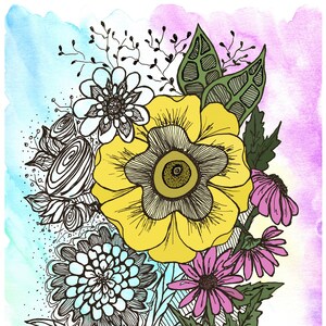 Big Bold Pen and Ink Doodled Flowers, Art Print, With or Without Pastel ...