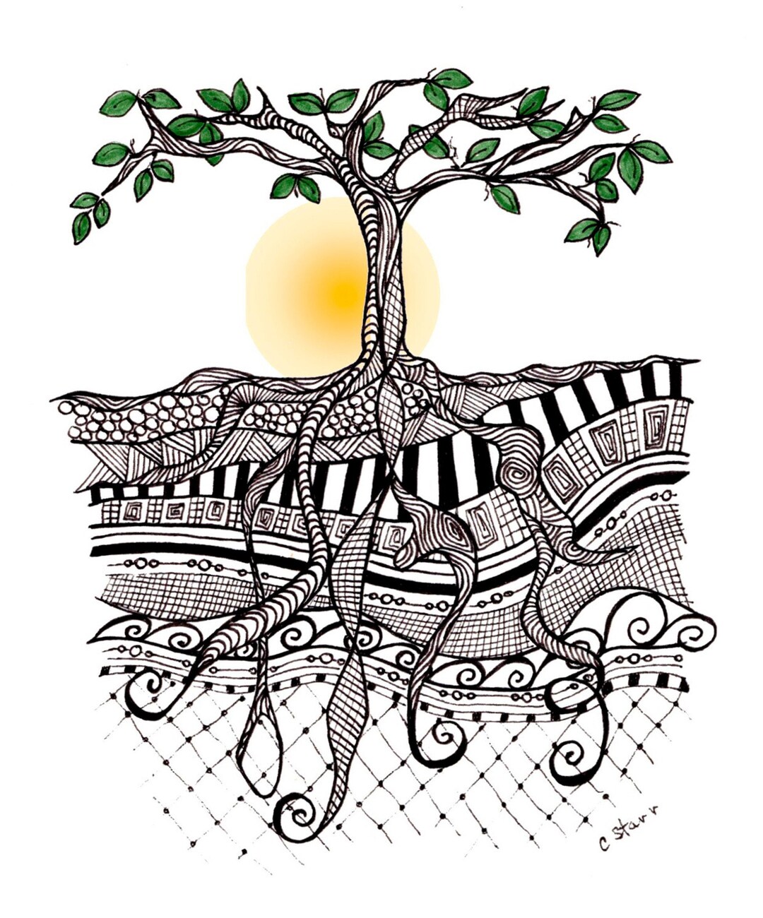 Doodle Tree of Life, Deep Roots and Sunrise, Art Print, in Two Sizes - Etsy