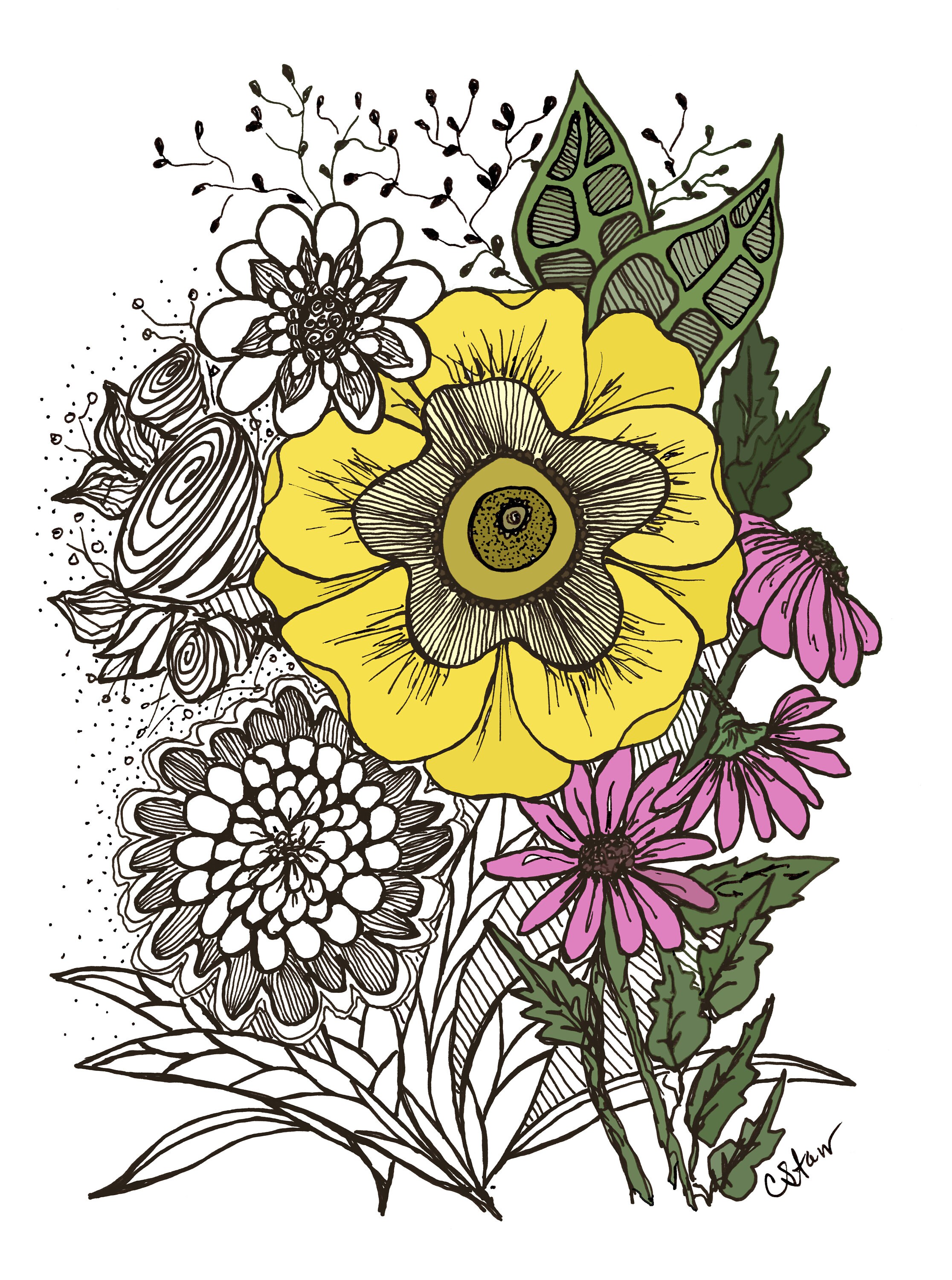 Doodled Whimsical Flower Bouquet, Freehand Drawn With or Without ...