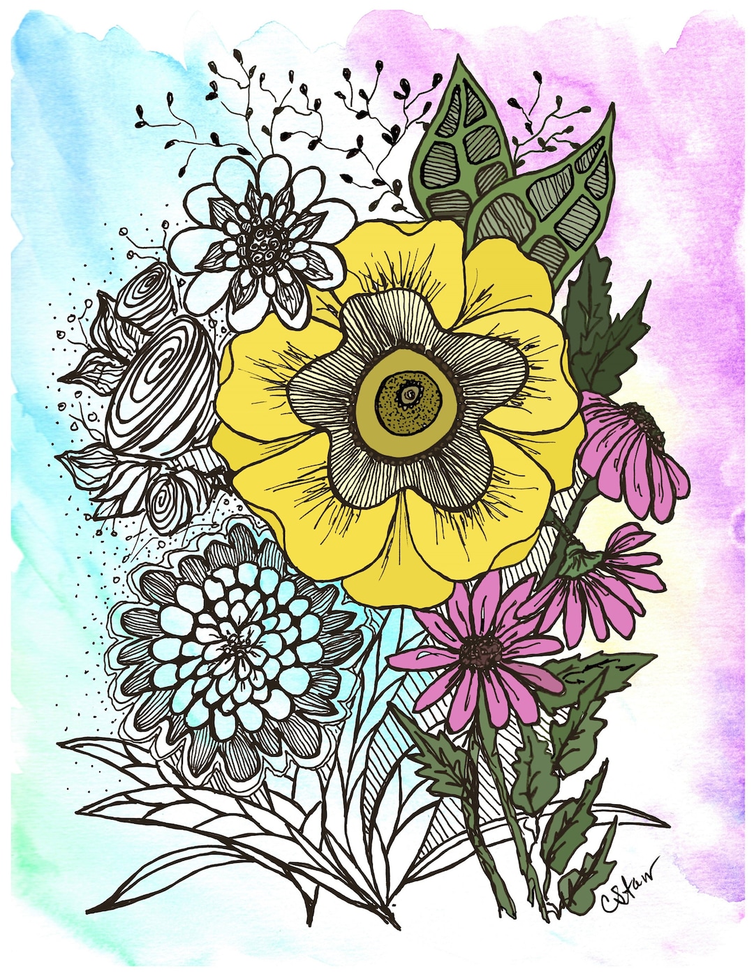 Big Bold Pen and Ink Doodled Flowers, Art Print, With or Without Pastel ...