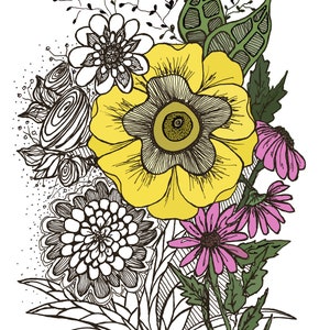 Big Bold Pen and Ink Doodled Flowers, Art Print, With or Without Pastel ...