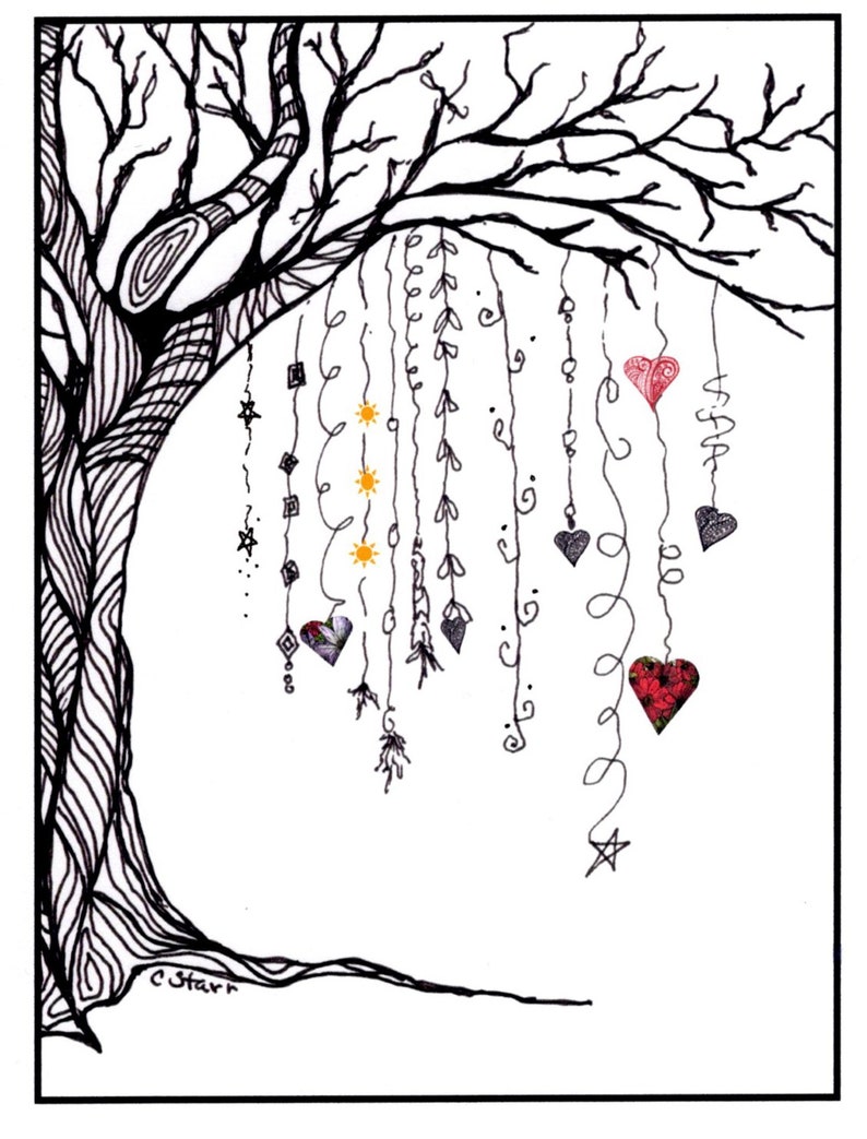 Hearts and Doodle Dangles Hanging From a Tree, Pen and Ink Freehand ...