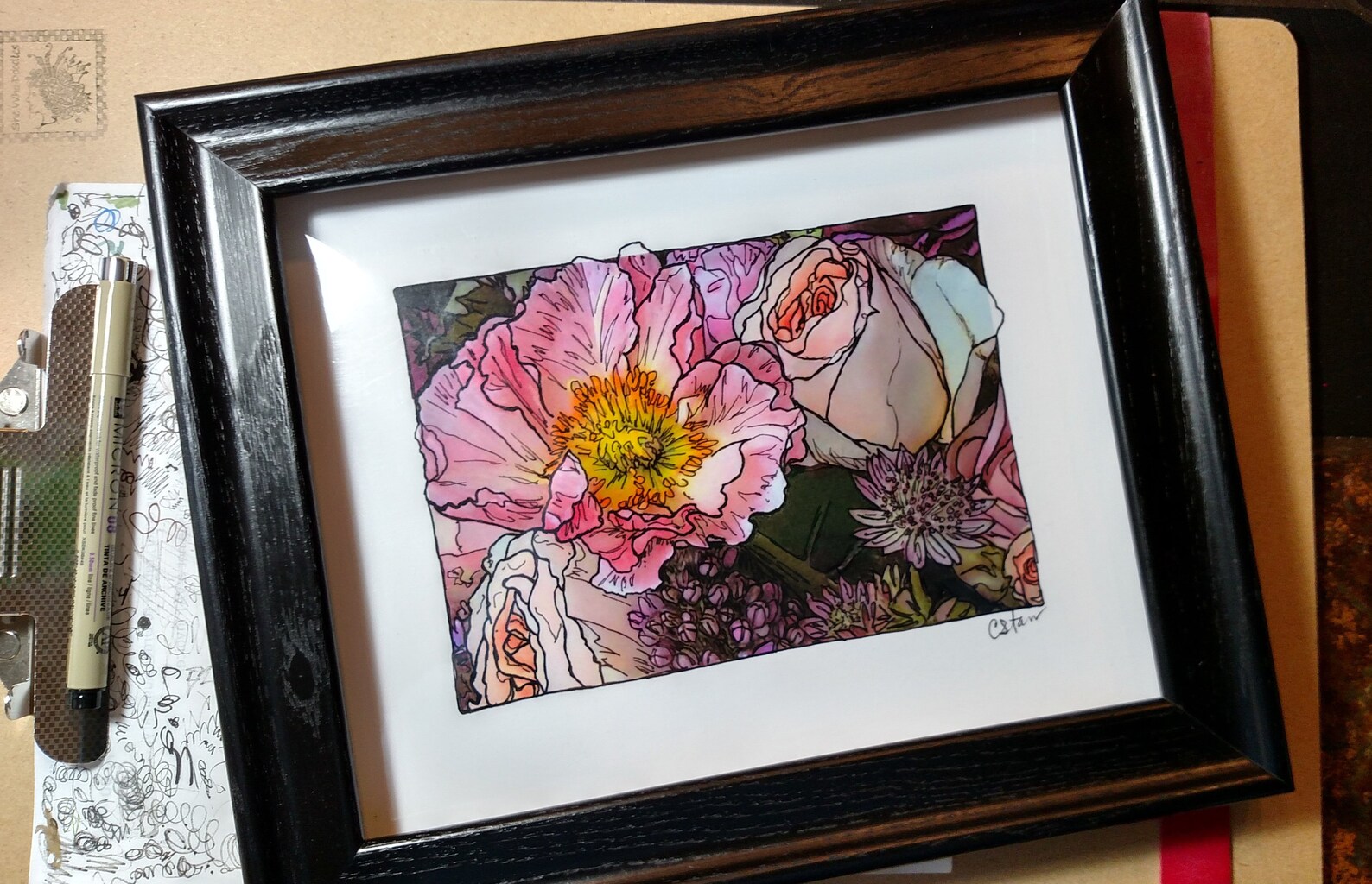 Pink Poppies and Rose Mixed Bouquet, Pen and Ink Altered Photograph ...