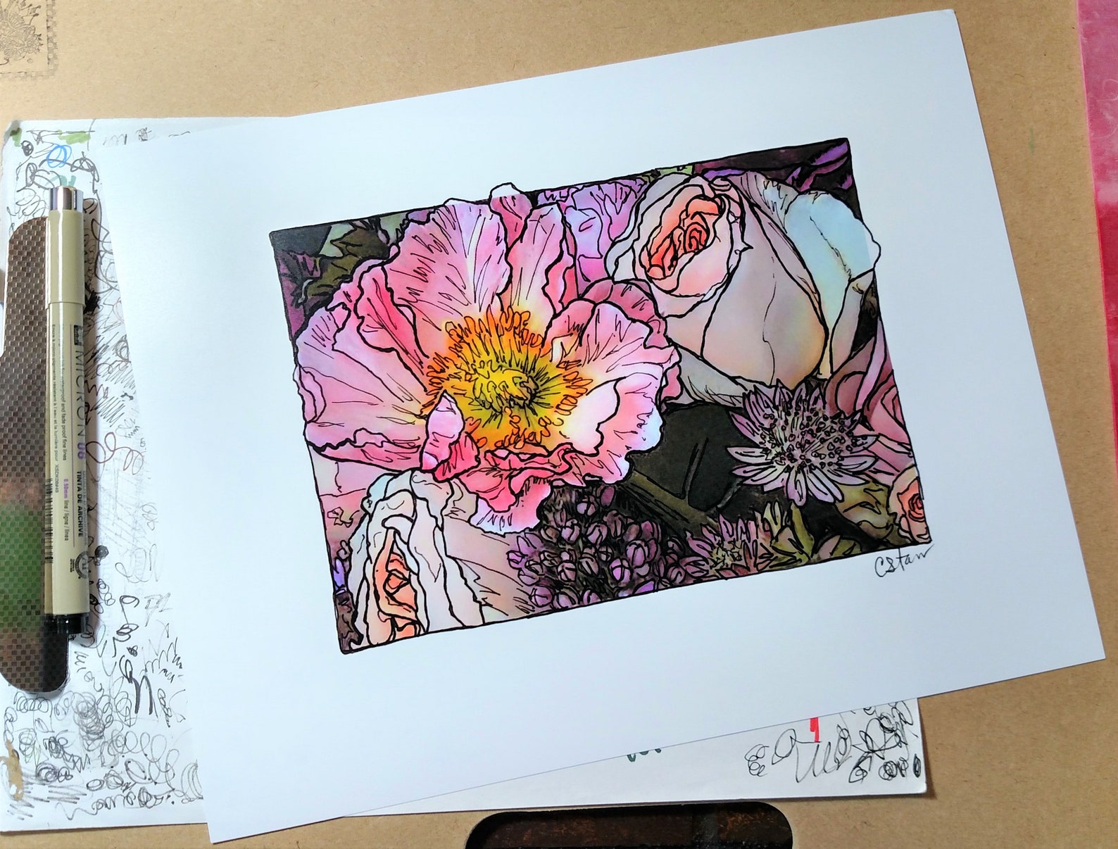 Pink Poppies and Rose Mixed Bouquet, Pen and Ink Altered Photograph ...