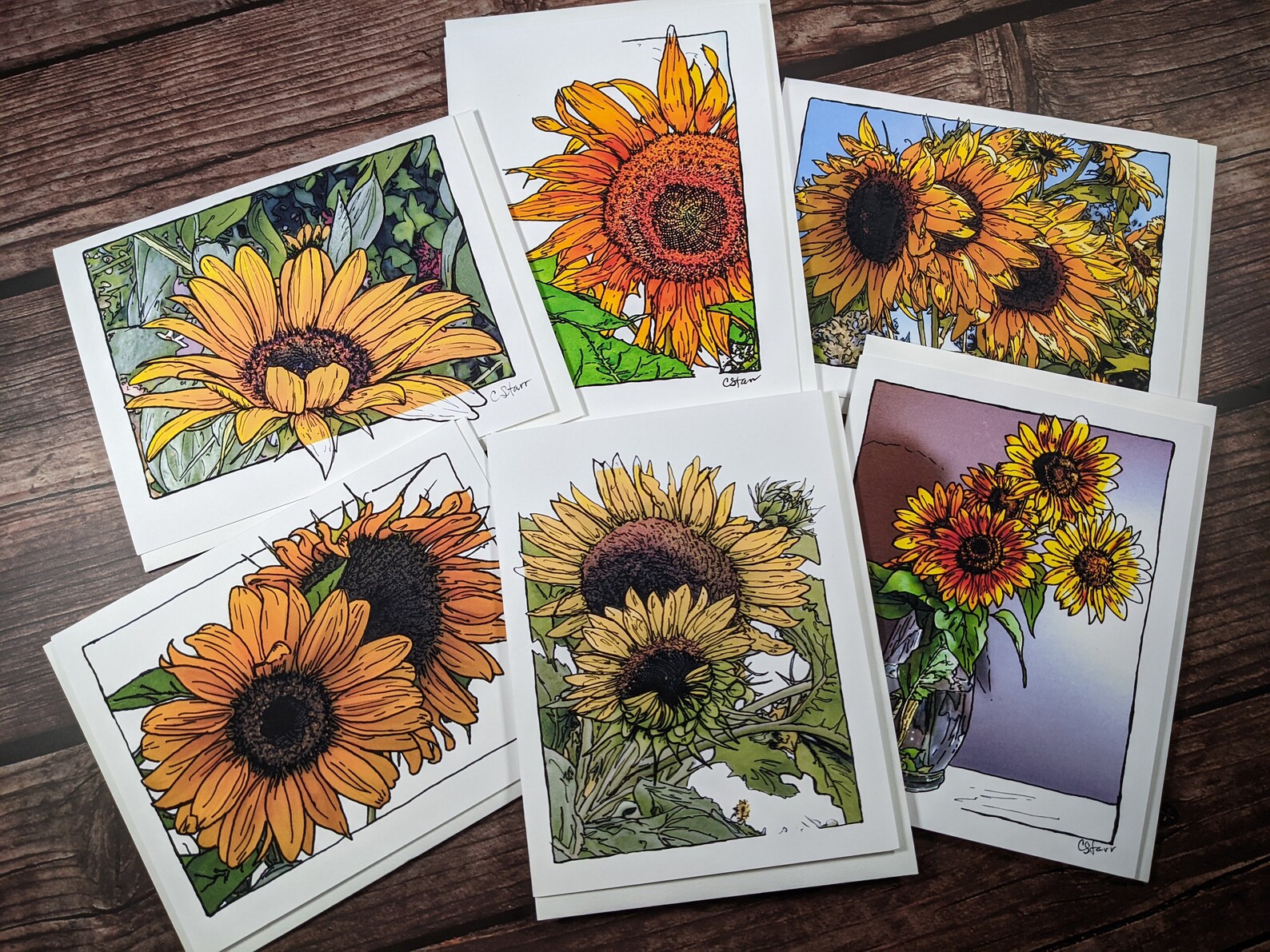 Sunflower Notecards With New Designs Added, Pen and Ink Doodled Photo ...