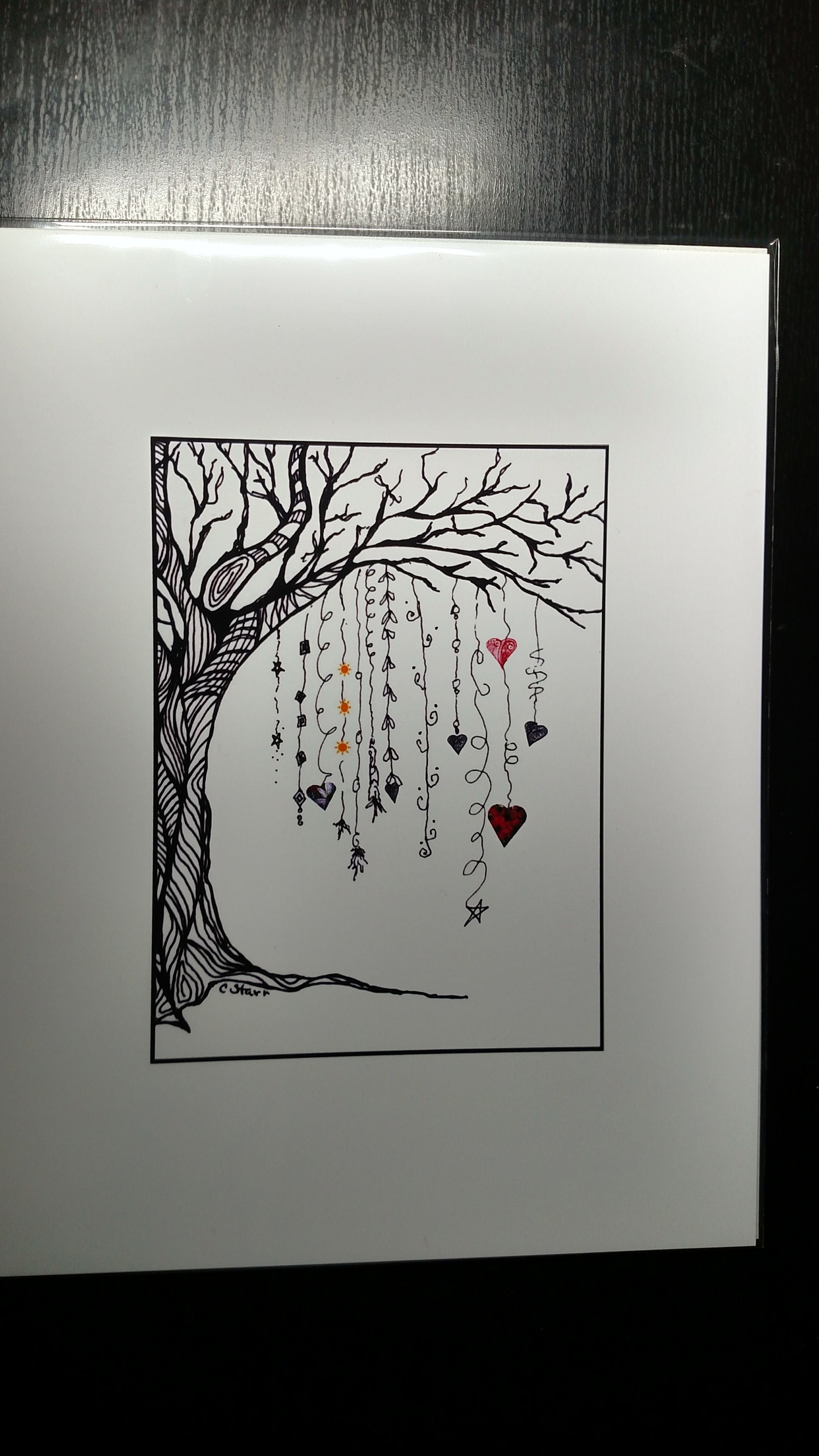 Hearts and Doodle Dangles Hanging From a Tree, Pen and Ink Freehand ...