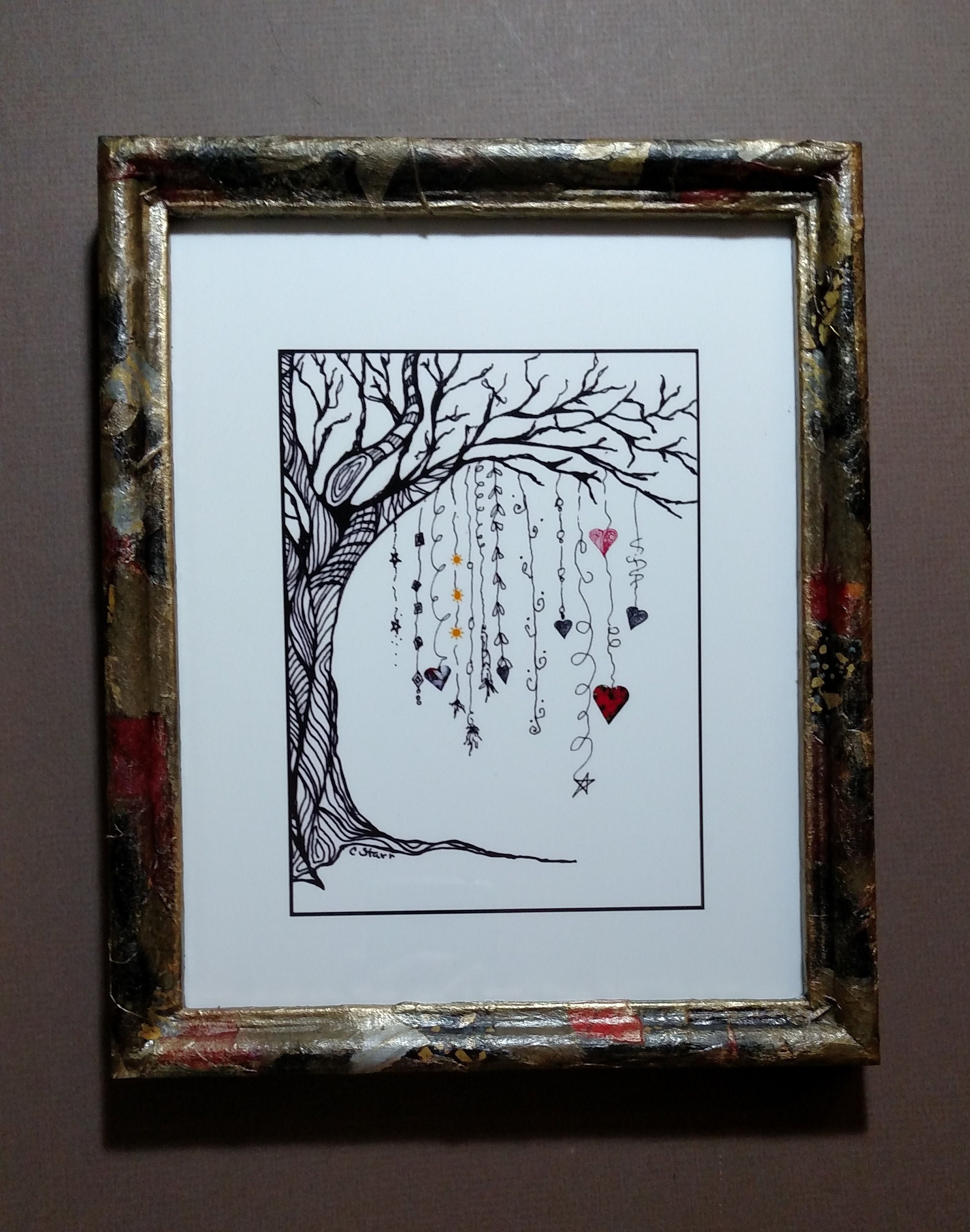 Hearts and Doodle Dangles Hanging From a Tree, Pen and Ink Freehand ...