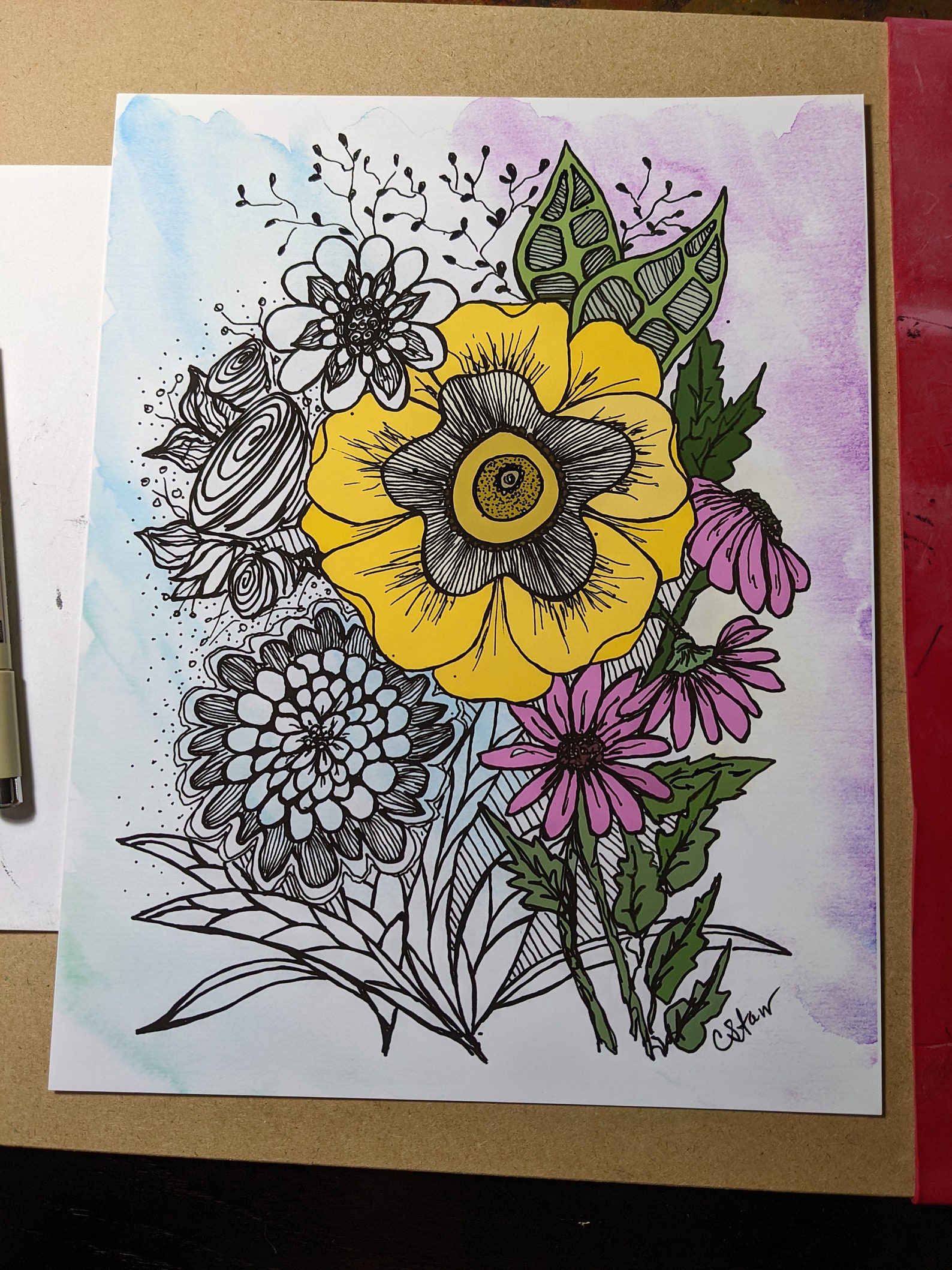 Big Bold Pen and Ink Doodled Flowers, Art Print, With or Without Pastel ...