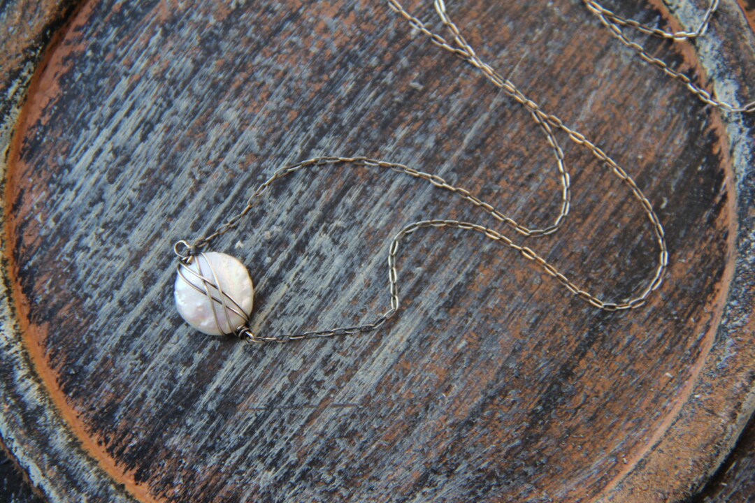 Oxidized Sterling Silver and Coin Shaped Pearl Minimalist, Simple ...