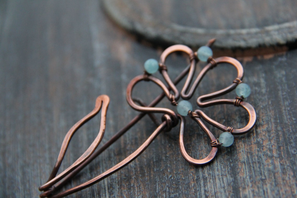 Shawl Pin Scarf Pin Brooch Copper and Aqua Quartz Flower - Etsy