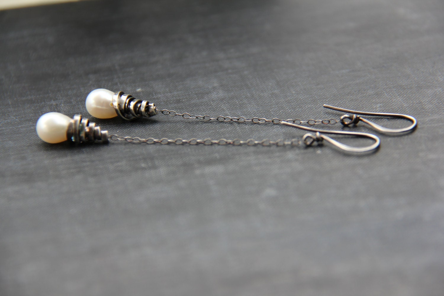 Long Dangle Wire Wrapped Chain and Tear Drop Pearl Earrings in Copper ...