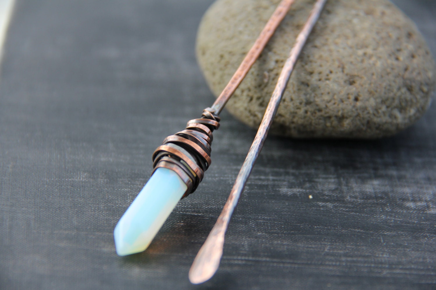 Set of 2 Rustic Hair Sticks, Textured Copper and Gemstone Pencil Point ...