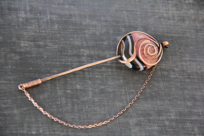 Shawl Pin, Scarf Pin, Sweater Pin, Antique Copper and Bi-colored Agate ...