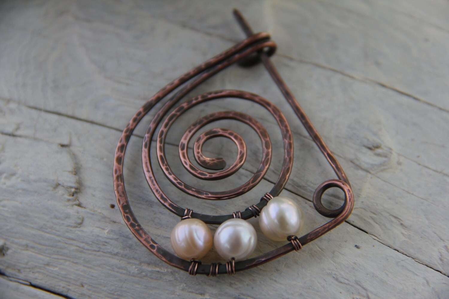 Shawl Pin, Scarf Pin, Copper Brooch, Simple Copper Spiral and Pearls ...