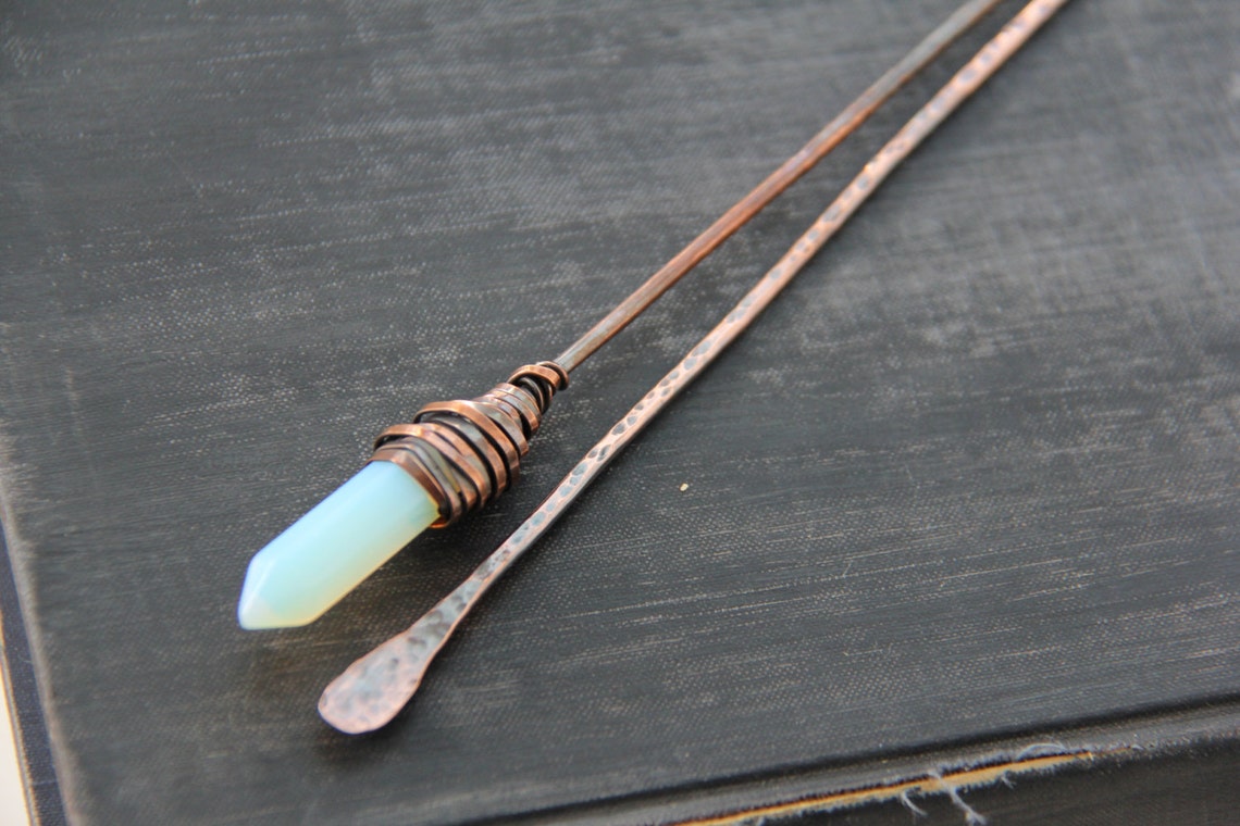 Set of 2 Rustic Hair Sticks, Textured Copper and Gemstone Pencil Point ...