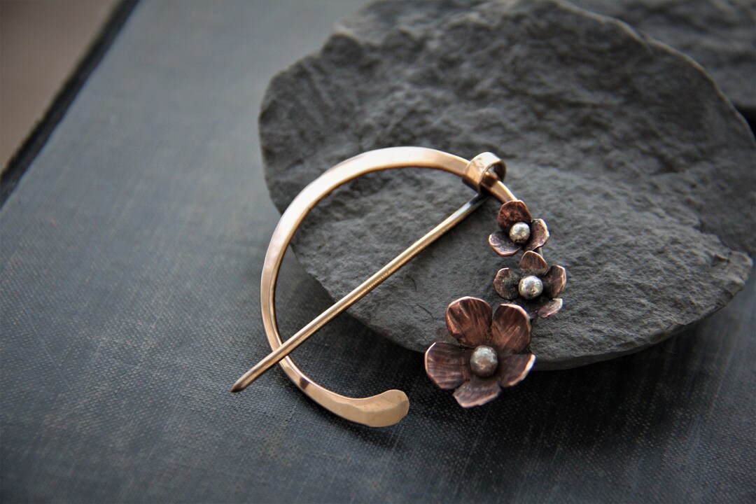 Floral Mixed Metal Fibula Brooch, Shawl Pin, Scarf Pin, Round Bronze ...