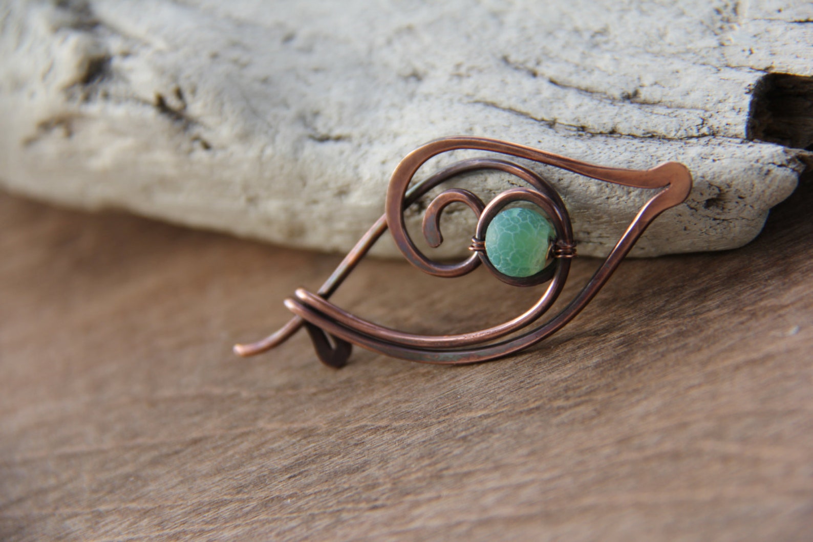 Shawl Pin, Scarf Pin, Brooch, Copper and Matte Etched Agate Wire Wrap ...