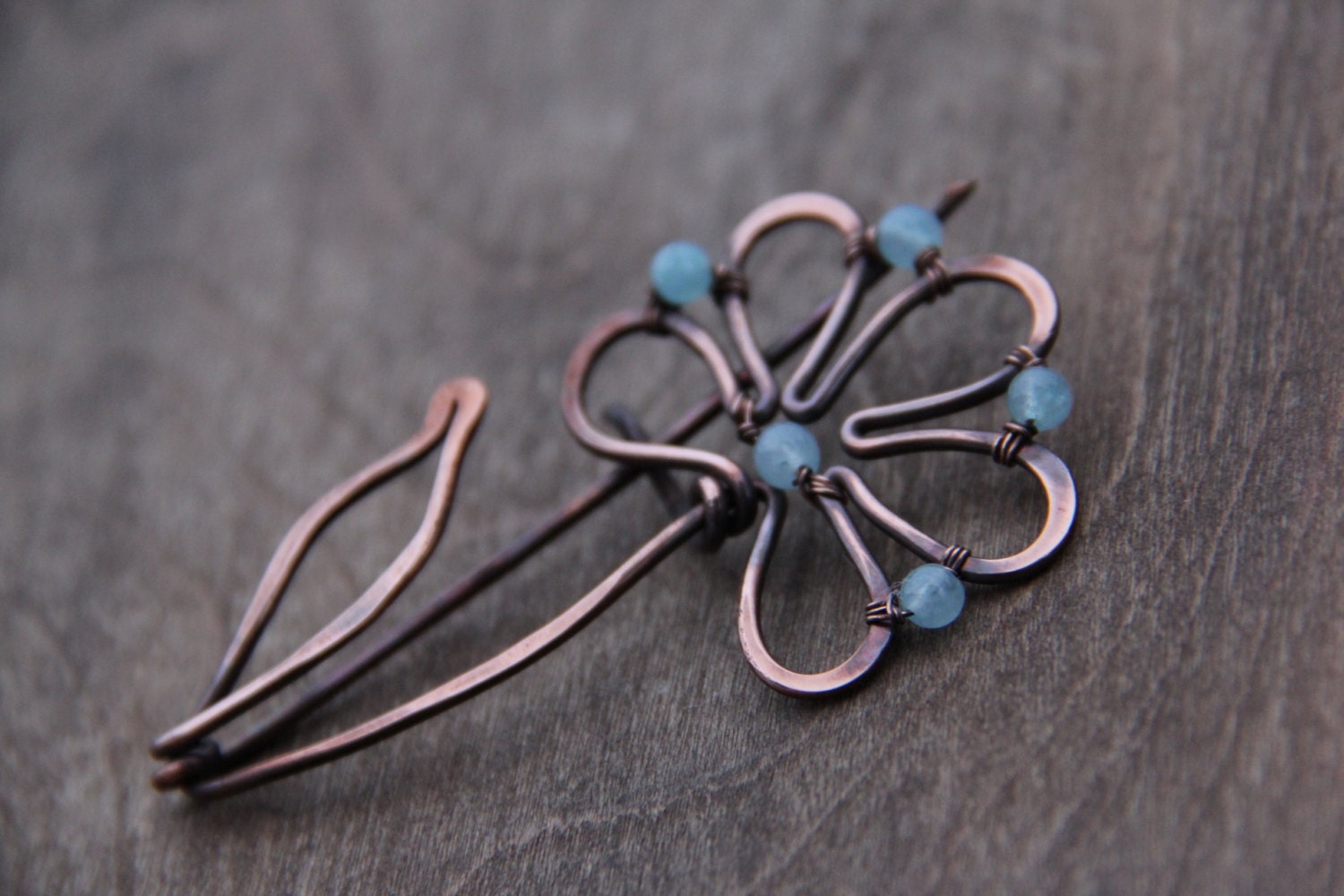 Shawl Pin Scarf Pin Brooch Copper and Aqua Quartz Flower - Etsy